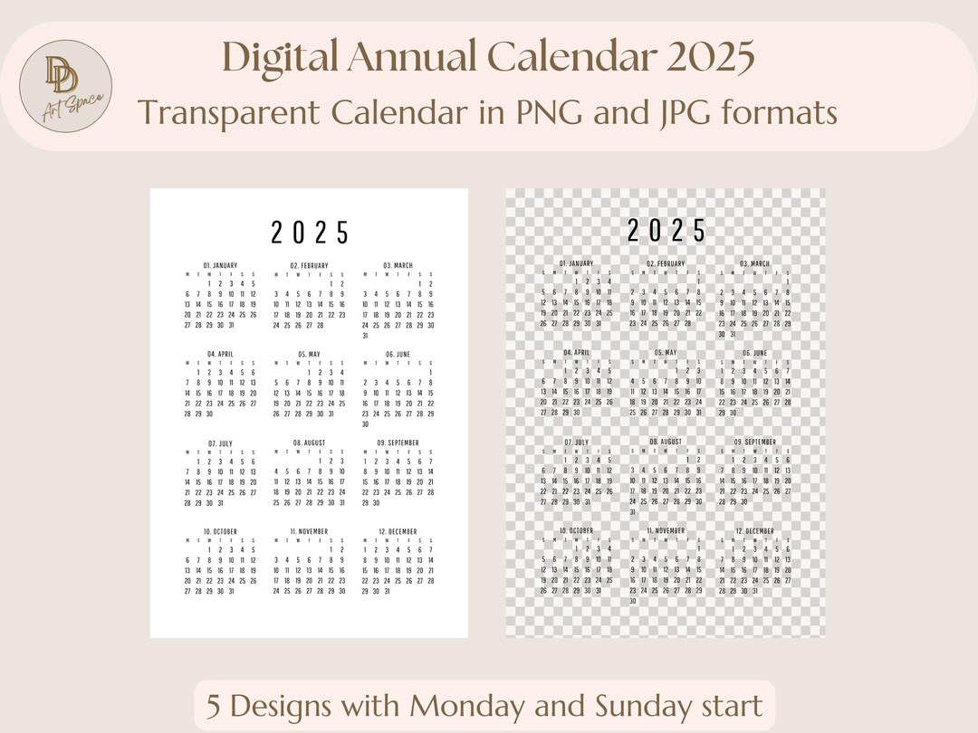 2025 Calendar: Transparent PNG & JPG, Minimalist Design (digital ...