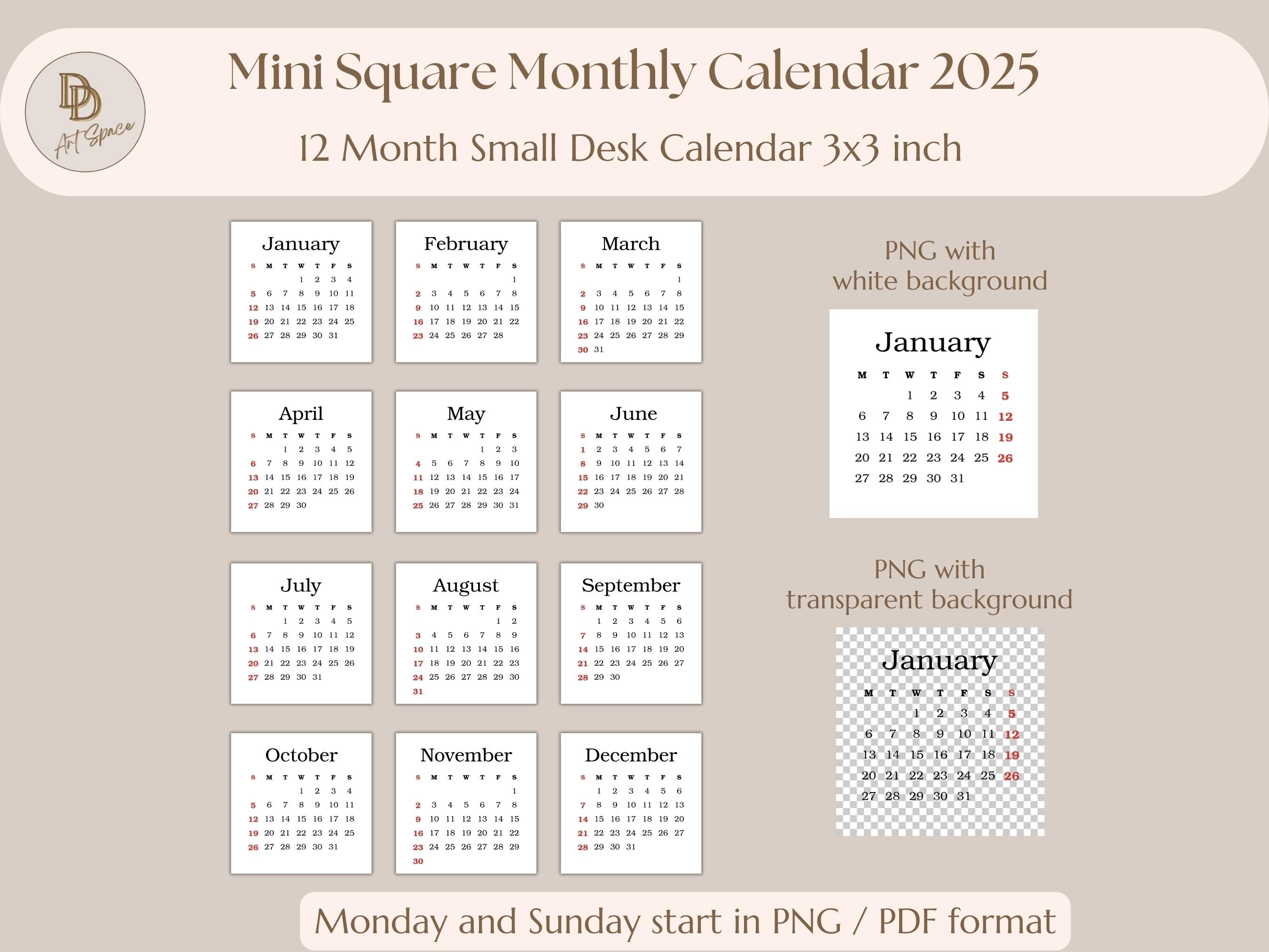 Mini Square Monthly Calendar 2025, 12 Month Small Desk Calendar 3x3 ...
