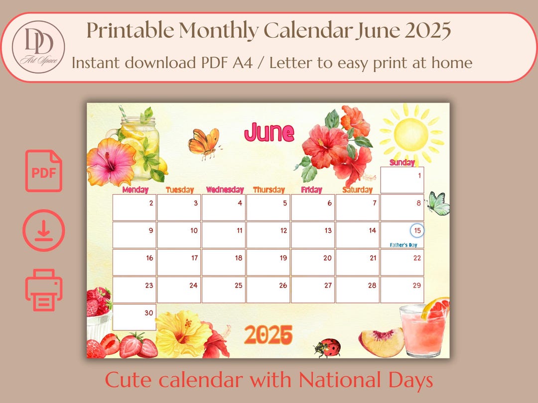Funny Watercolor June 2025 Calendar: Printable Monthly Planner (a4 ...