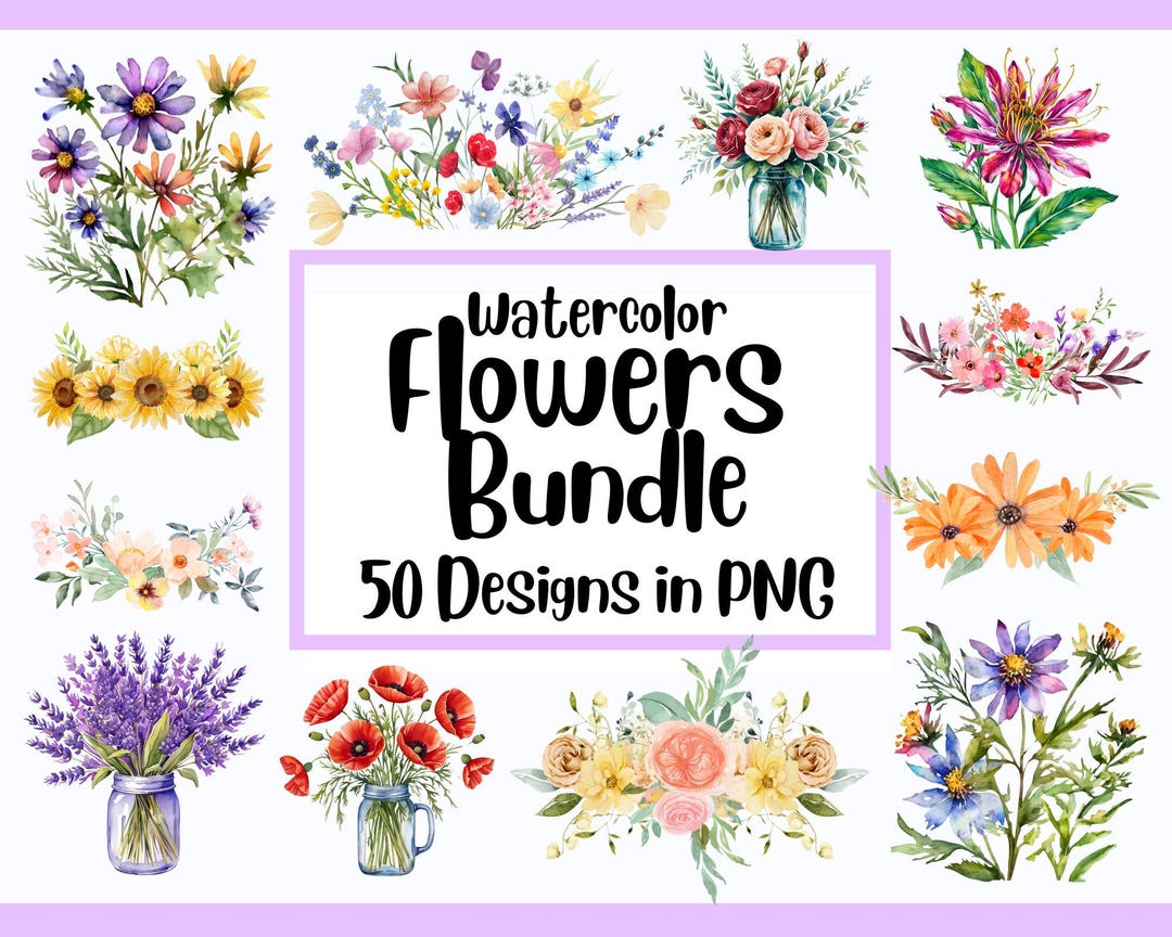 50 Watercolor Flower Mega Bundle, Png Files, Watercolor Floral Png ...