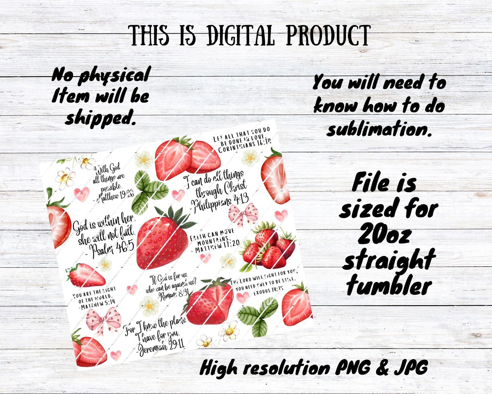 Tumbler Wrap PNG - Strawberry Bible Verse Design, 20oz Skinny Tumbler ...