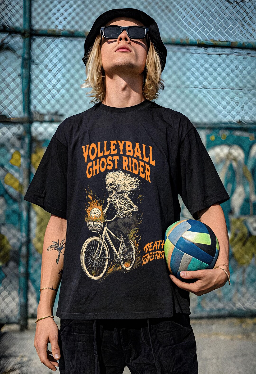 Ghost Rider Volleyball T-shirt | Skeleton Biker With Flaming Ball ...