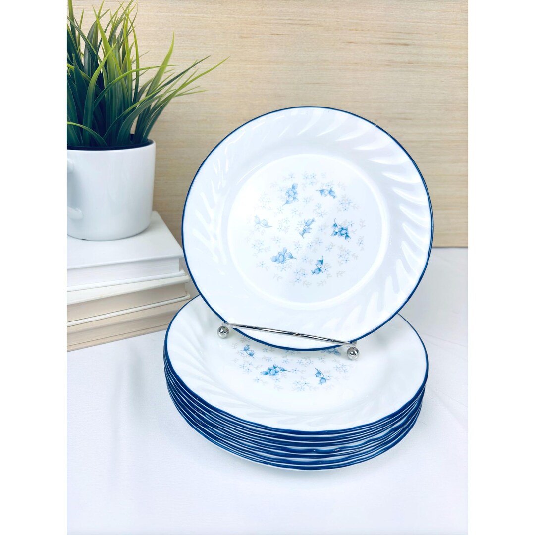 Set of 8 Blue Fleur Corelle by Corning 7 1/4" Salad Plates, Swirl Rim W ...