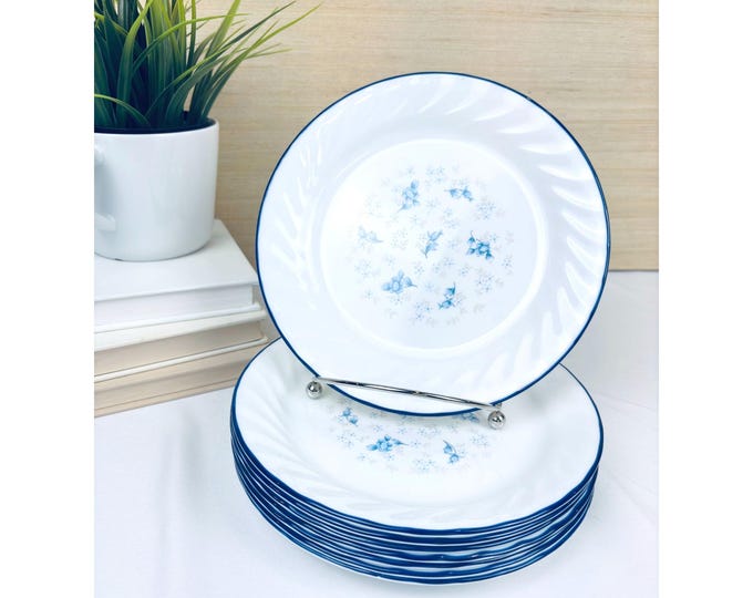 Set of 8 Blue Fleur Corelle by Corning 7 1/4" Salad Plates, Swirl Rim W ...