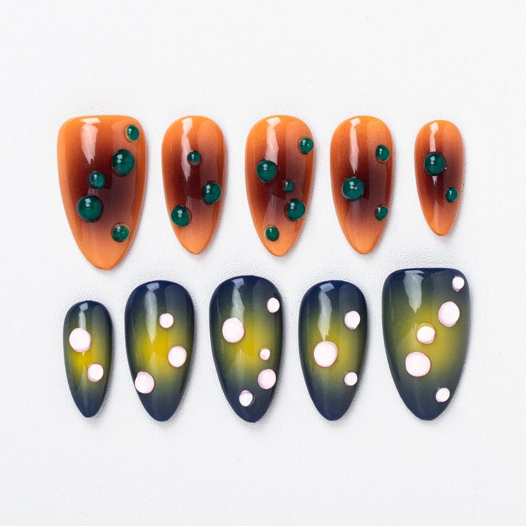 Polka Dot Almond Nails - Yayoi Kusama Style Color Clash (orange/navy ...