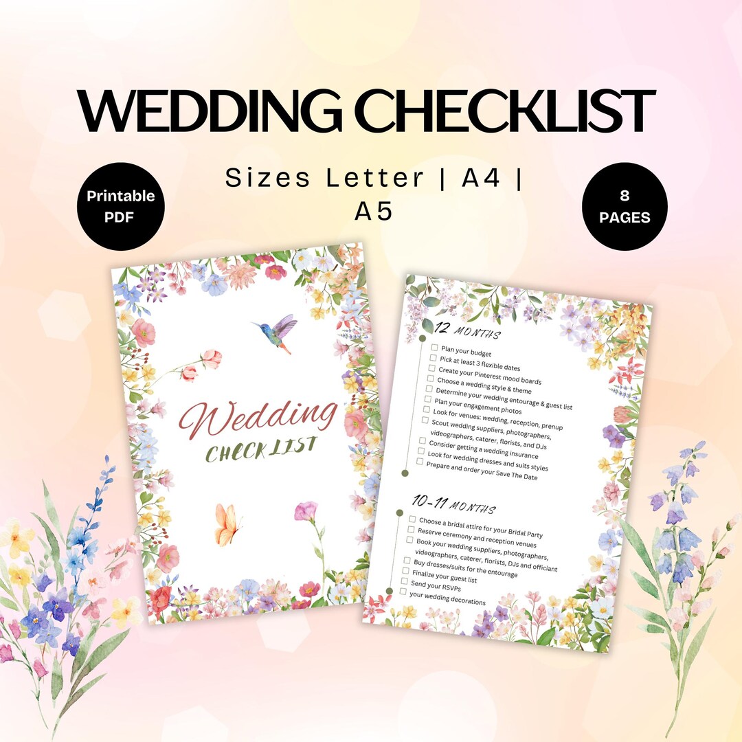 Floral Wedding Checklist Planner: 12-month Timeline (digital Download ...