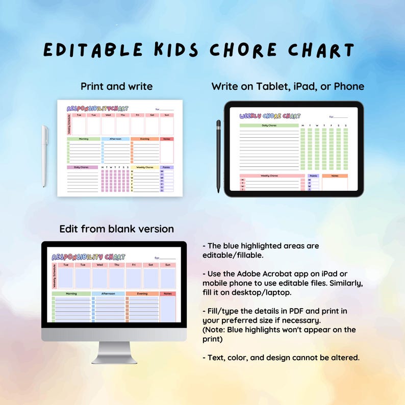Kids Chore Chart Bundle: Editable Routine Tracker (PDF) - Etsy