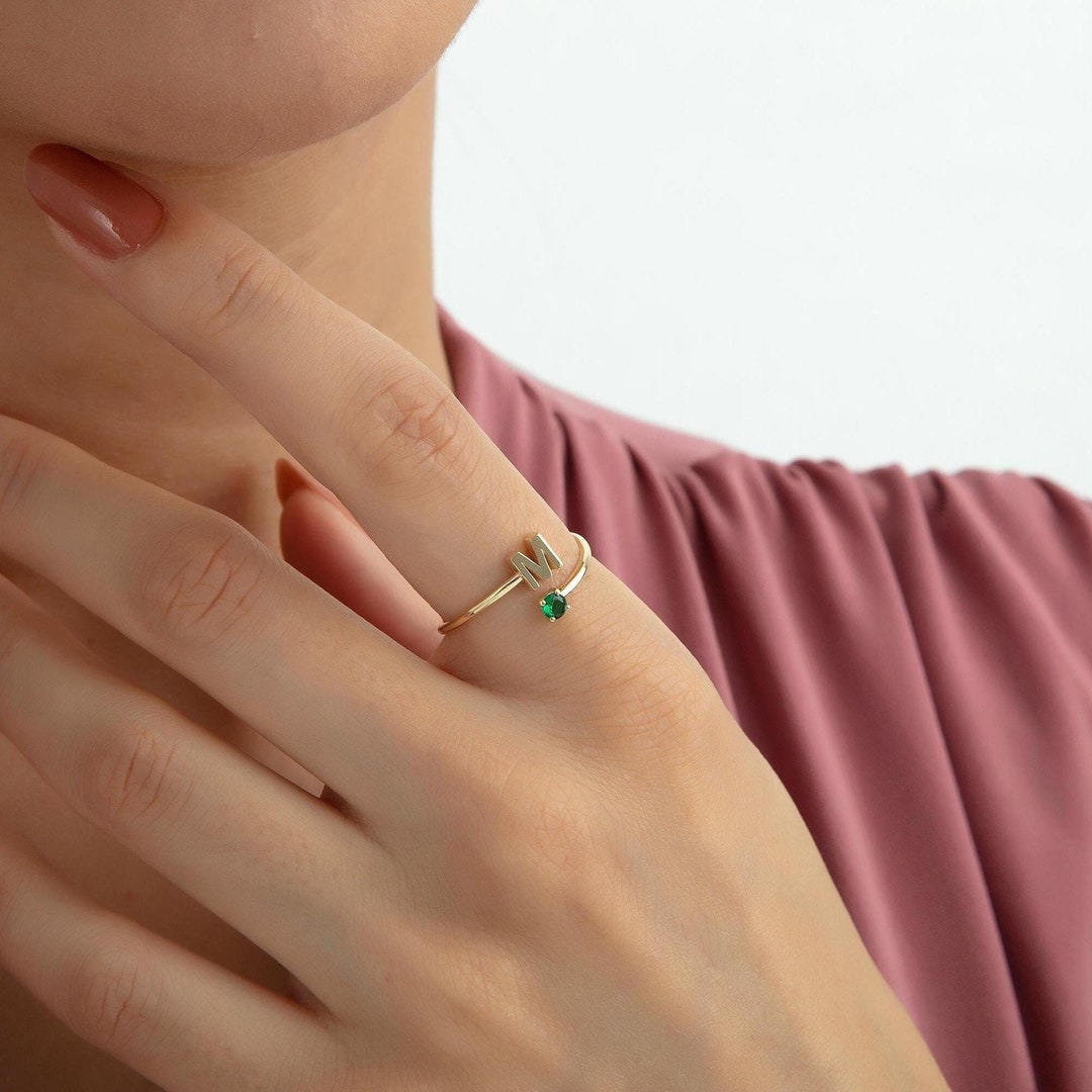 Custom Emerald Initial and Birthstone Ring - 10K 14K 18K Gold, Elegant ...
