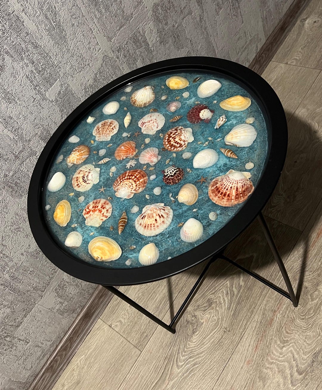 Round Epoxy Resin Table With Seashells – Handmade Coastal Ocean Design ...