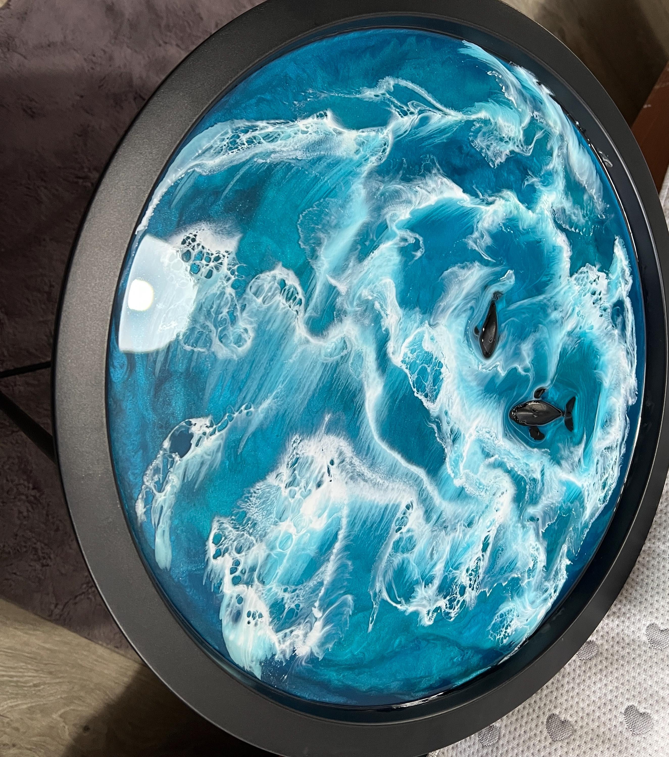 Ocean-inspired Epoxy Resin Coffee Table With 3D Sharks – 47cm Round ...