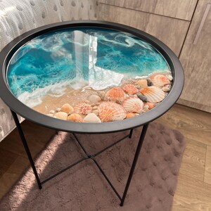 Handmade Ocean Beach Epoxy Resin Coastal Coffee Table With Real Shells ...