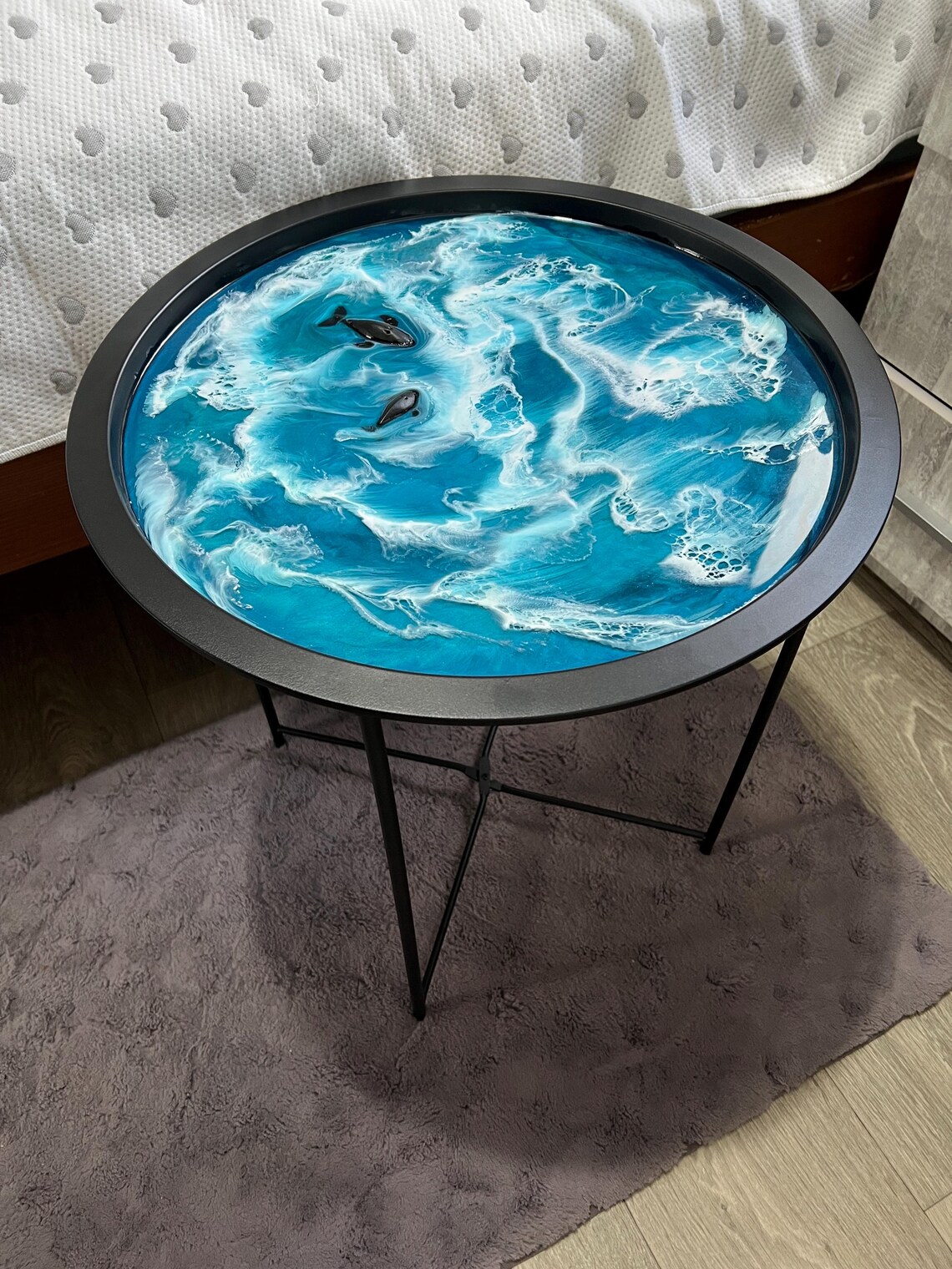 Ocean-inspired Epoxy Resin Coffee Table With 3D Sharks – 47cm Round ...