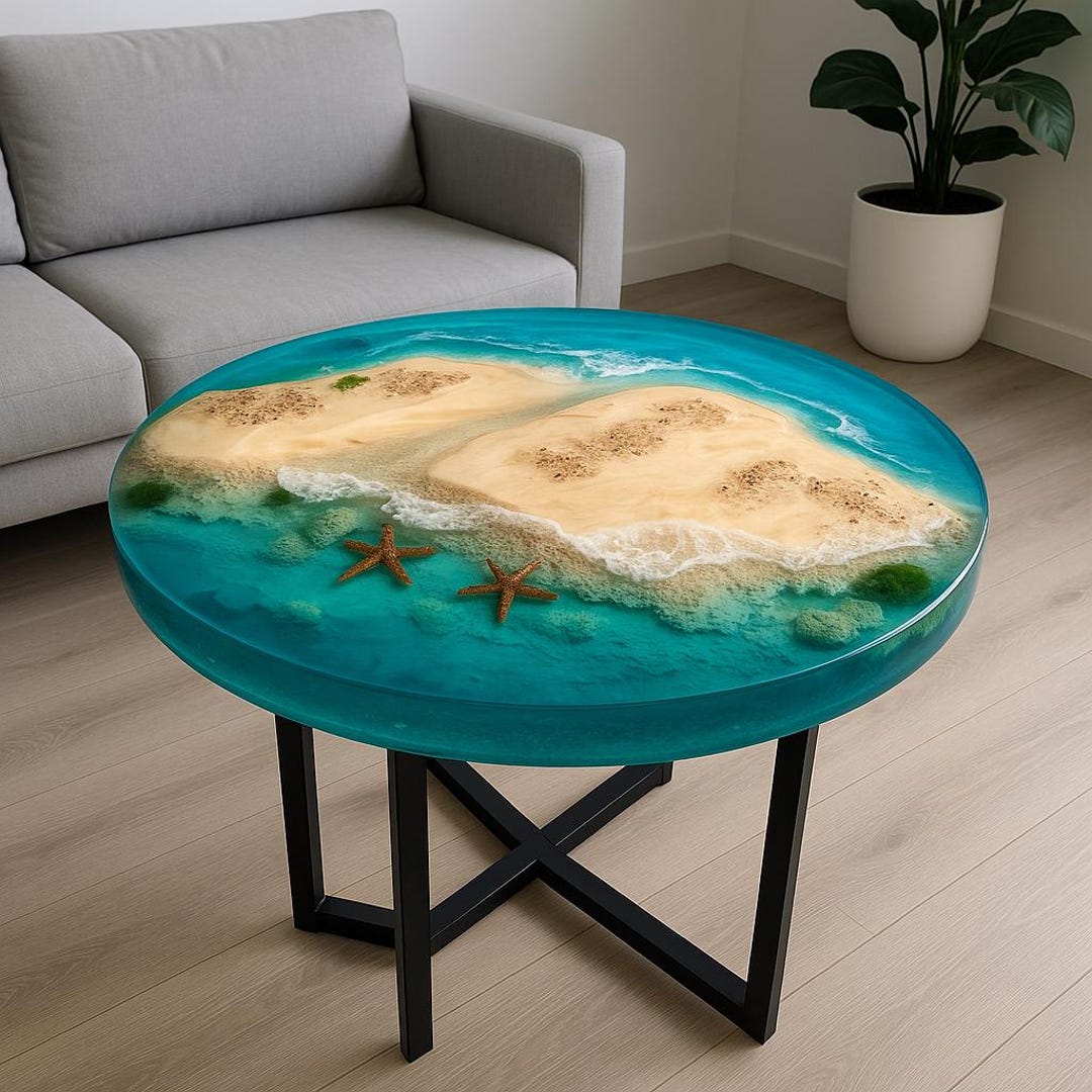 Epoxy Resin Ocean Coffee Table – Round Beach Island Design With ...
