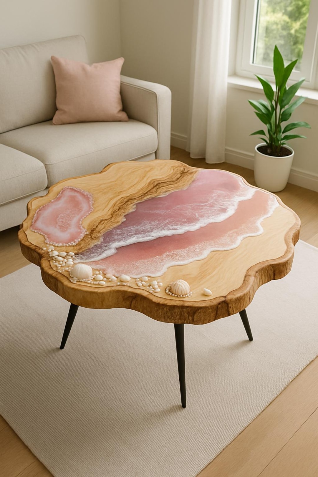 Custom Pink Geode Epoxy Resin Coffee Table With Light Wood | Ocean ...
