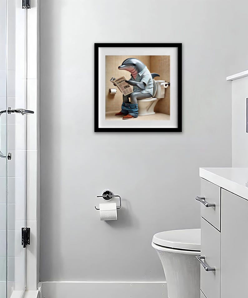 Dolphin Reading Newspaper in Toilet, Funny Dolphin Bathroom Poster ...