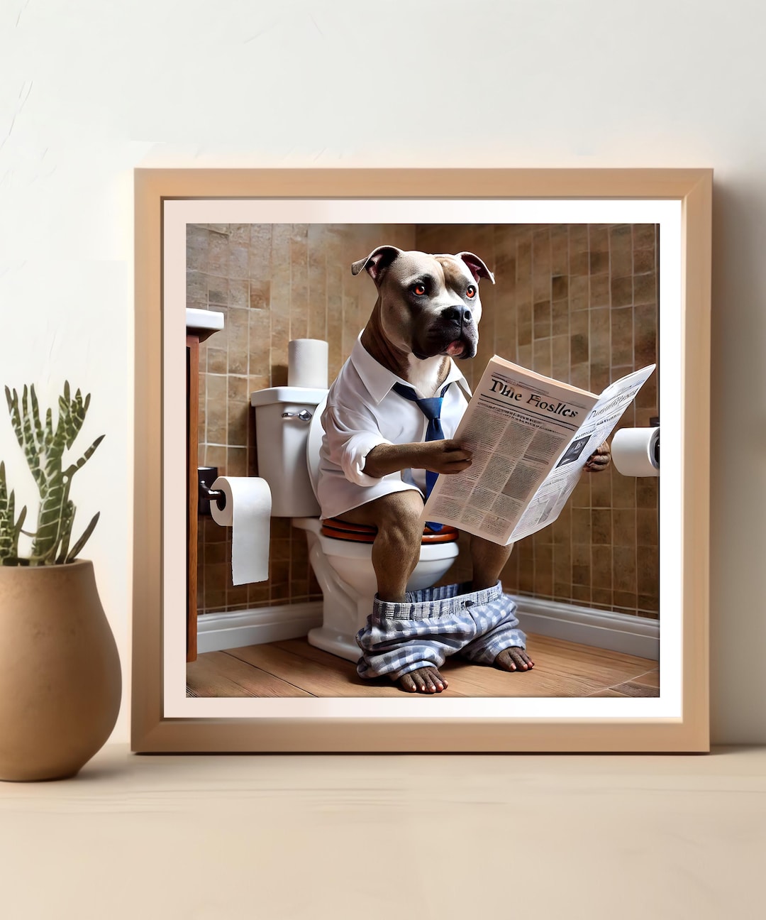 Pitbull Reading Newspaper in Toilet, Funny Dog Bathroom Poster, Wall ...