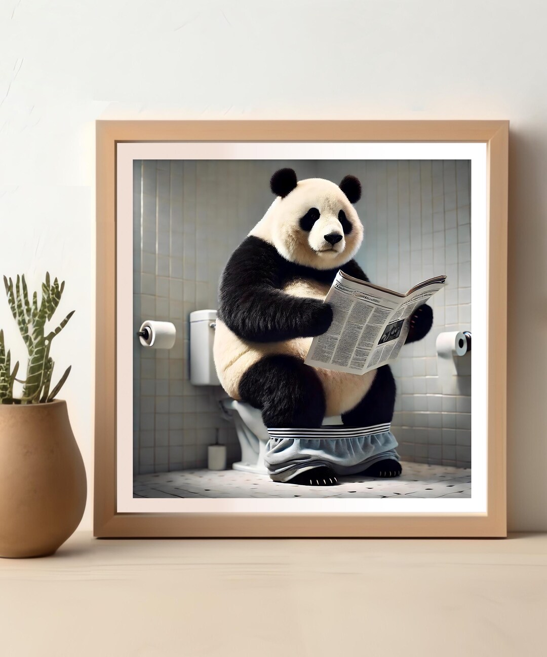 Panda Reading Newspaper in Toilet, Funny Panda Bathroom Poster, Wall ...