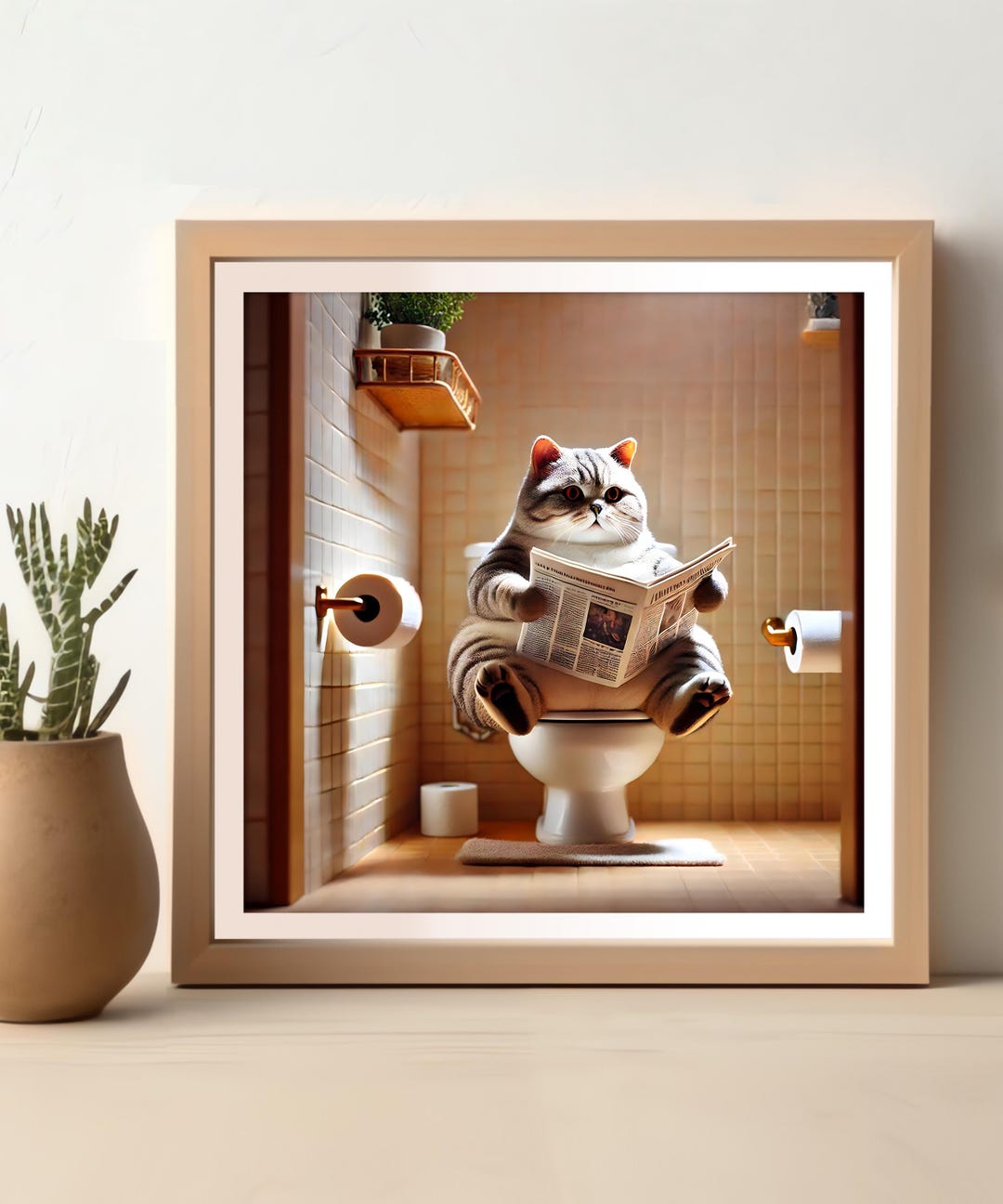 Fat Cat Reading Newspaper in Toilet, Funny Fat Cat Bathroom Poster ...