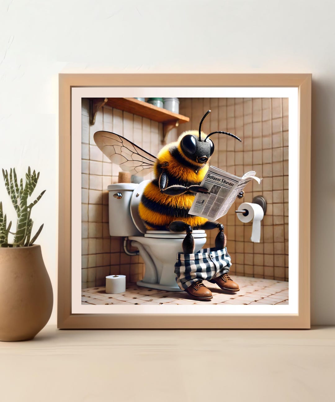 Bee Reading Newspaper in Toilet, Funny Bee Bathroom Poster, Wall Art ...