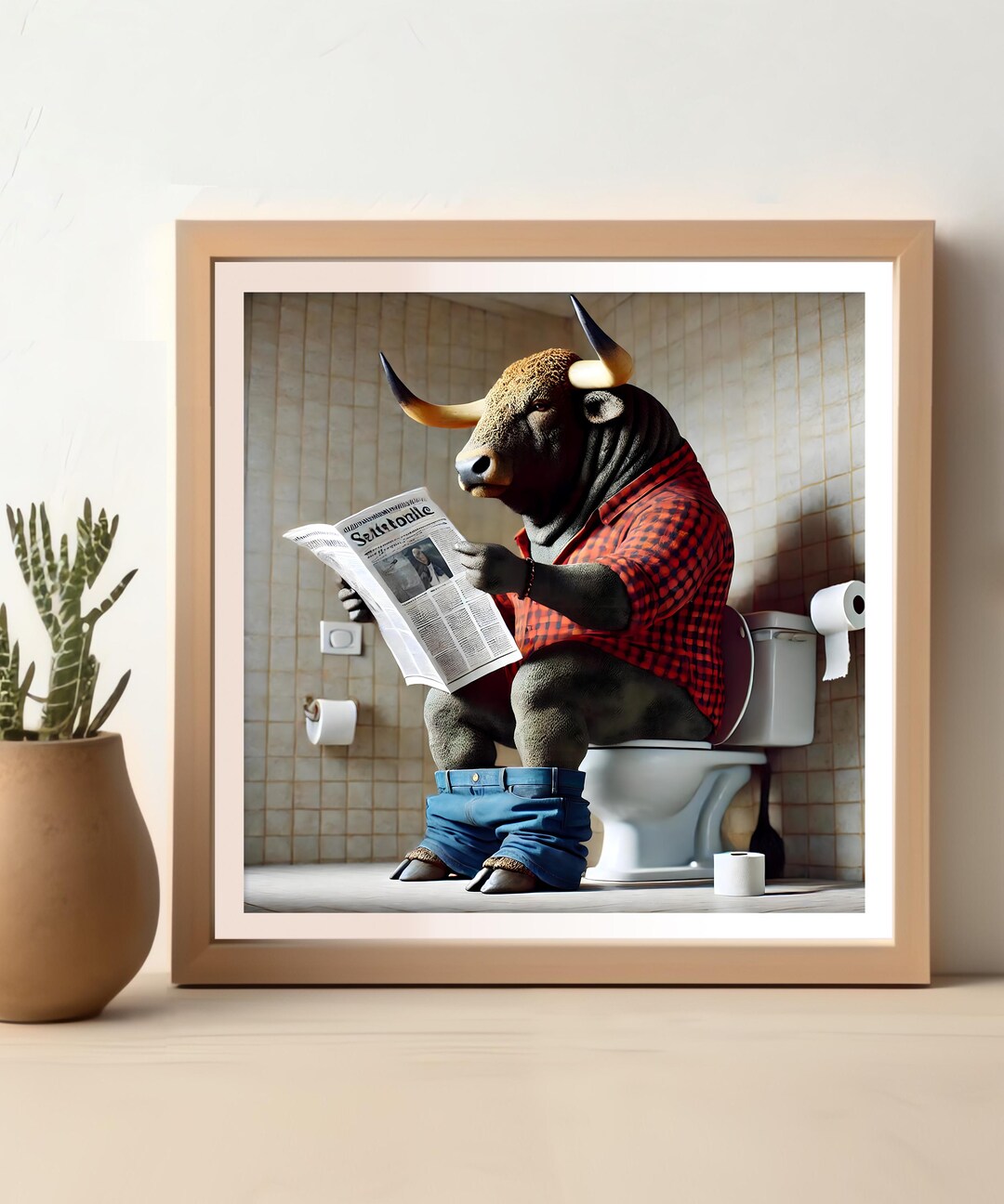 Bull Reading Newspaper in Toilet, Funny Tabby Bull Bathroom Poster ...