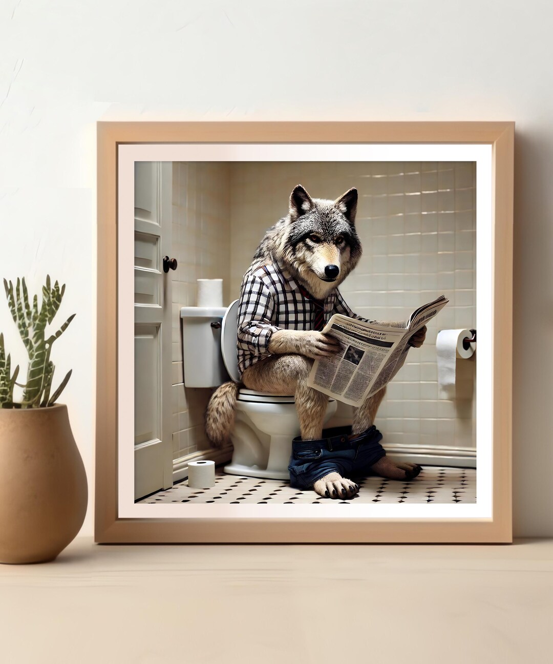 Wolf Reading Newspaper in Toilet, Funny Wolf Bathroom Poster, Wall Art ...