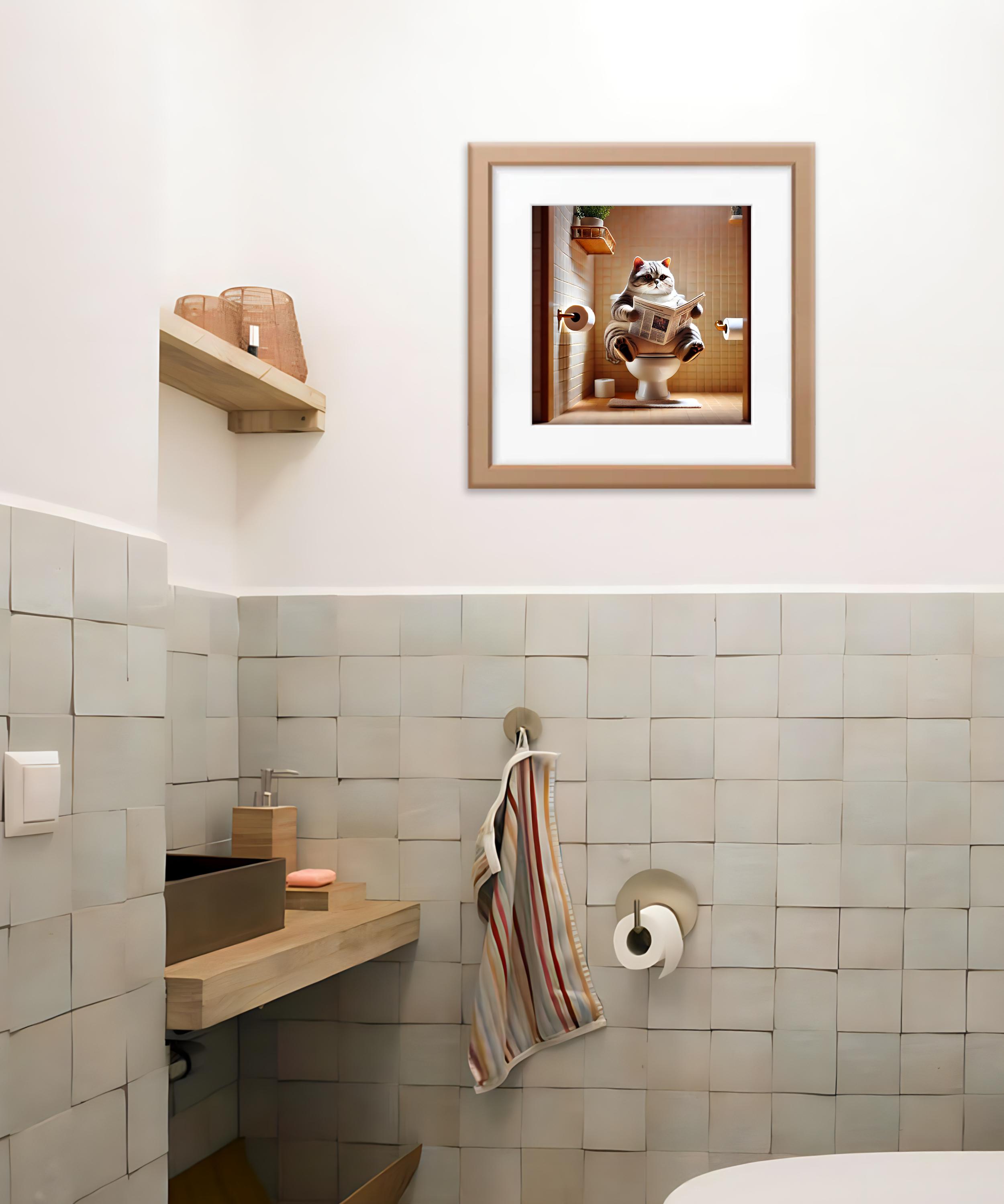 Fat Cat Reading Newspaper in Toilet, Funny Fat Cat Bathroom Poster ...
