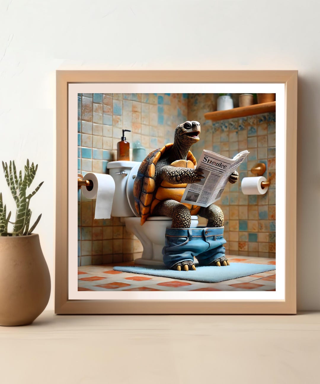 Turtle Reading Newspaper in Toilet, Funny Turtle Bathroom Poster, Wall ...