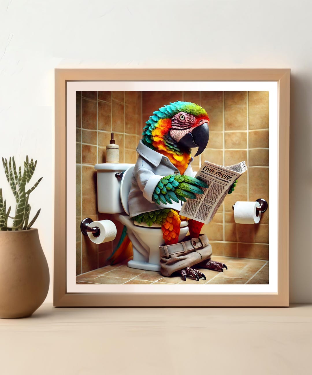 Parrot Reading Newspaper in Toilet, Funny Parrot Bathroom Poster, Wall ...