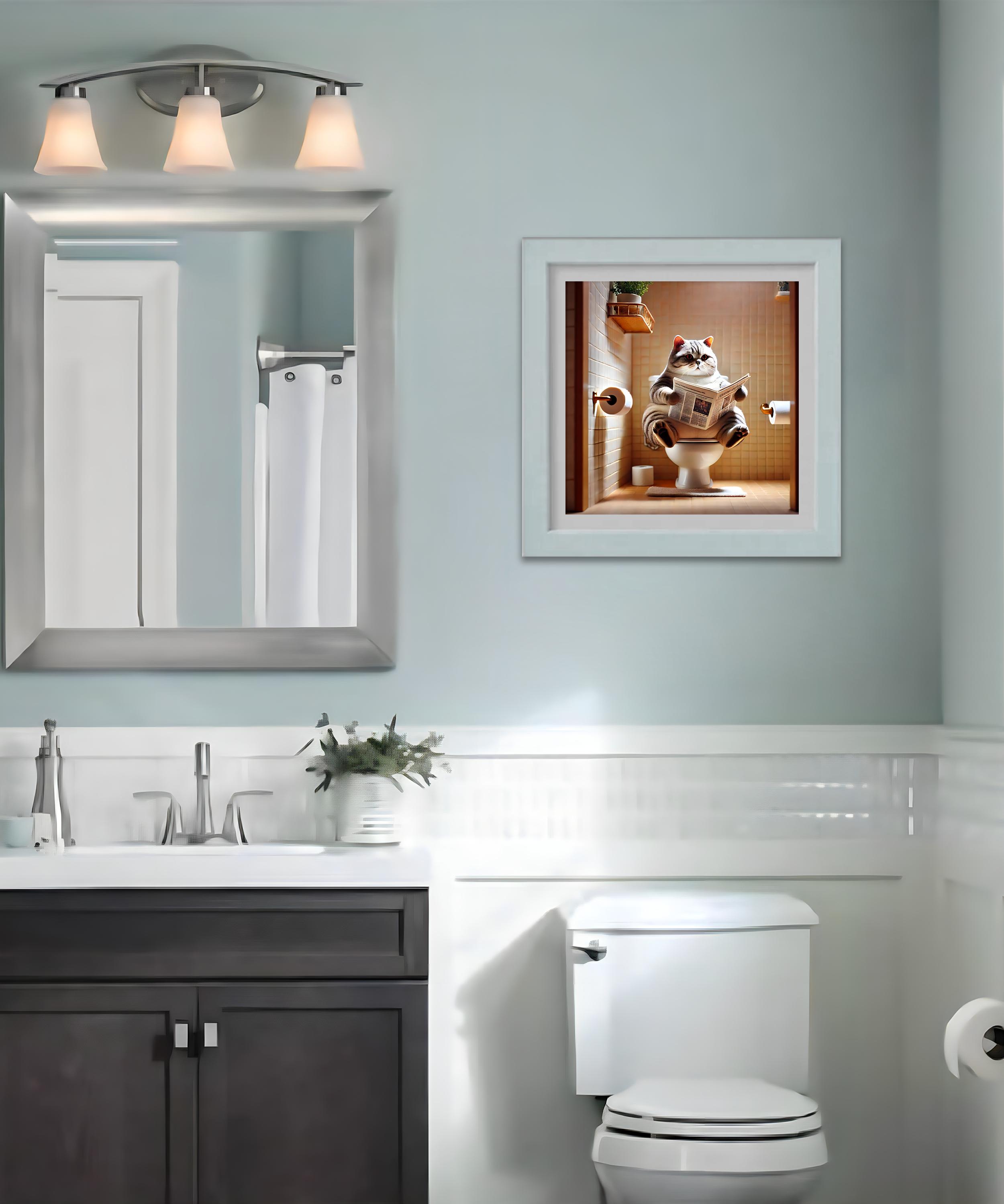 Fat Cat Reading Newspaper in Toilet, Funny Fat Cat Bathroom Poster ...