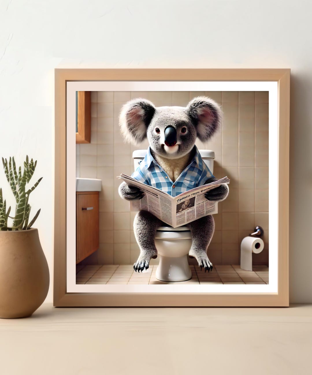 Koala Reading Newspaper in Toilet, Funny Koala Bathroom Poster, Wall ...