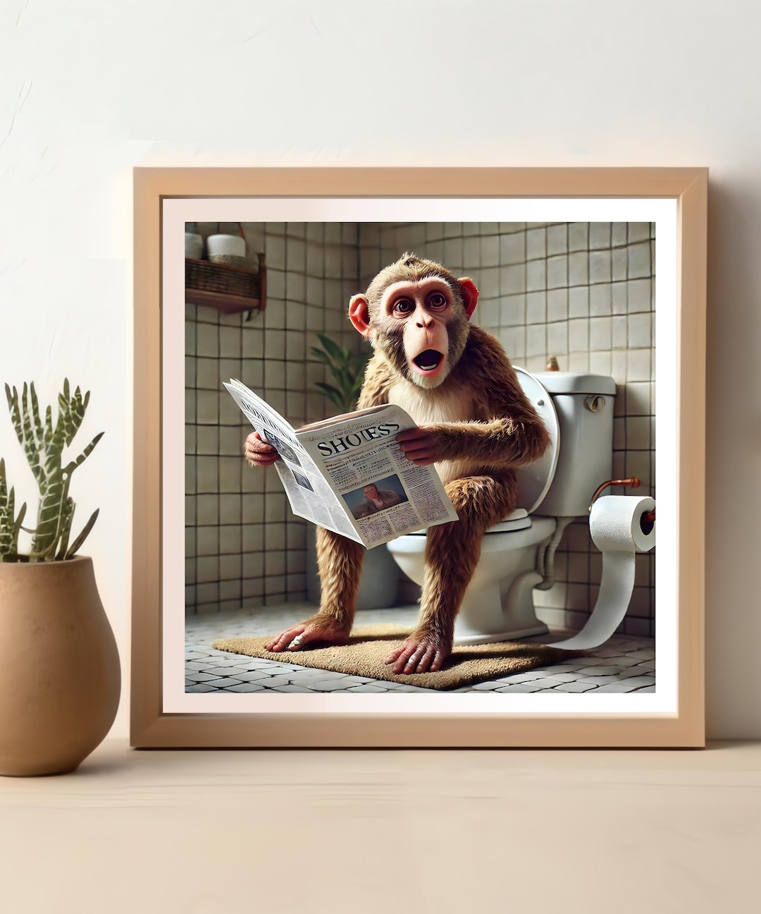 Monkey Reading Newspaper in Toilet, Funny Monkey Bathroom Poster, Wall ...