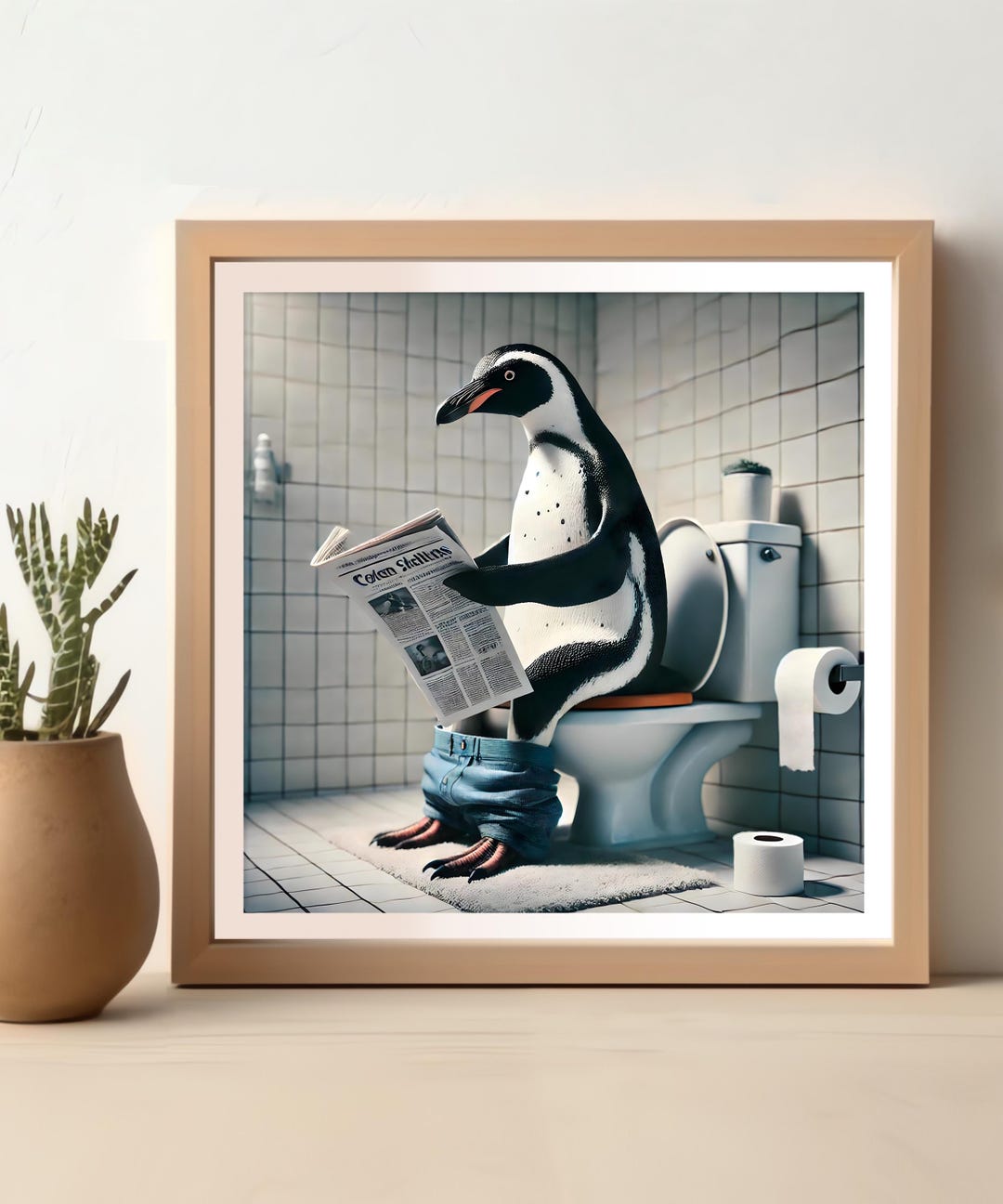 Penguin Reading Newspaper in Toilet, Funny Penguin Bathroom Poster ...