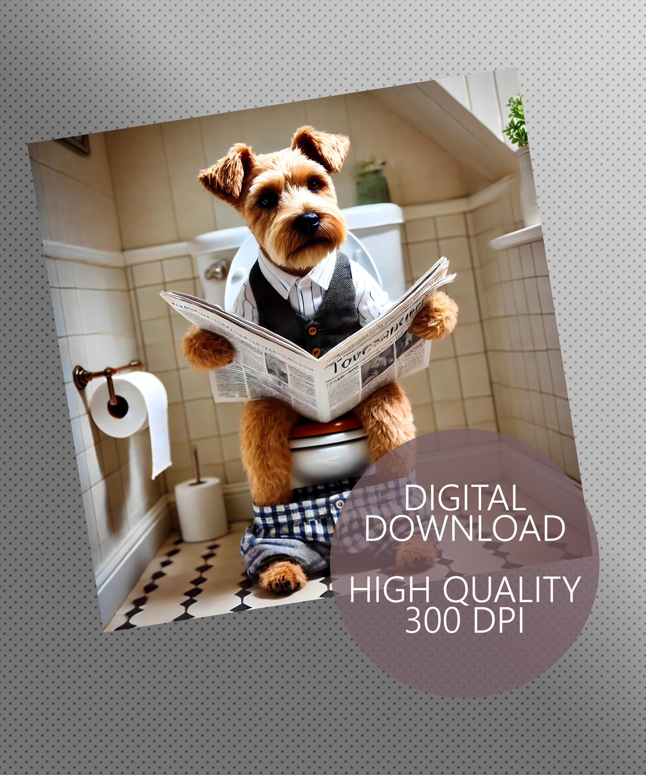 Terrier Reading Newspaper in Toilet, Funny Dog Bathroom Poster, Wall ...