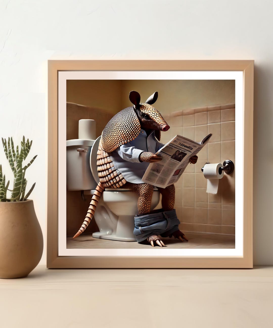 Armadillo Reading Newspaper in Toilet, Funny Armadillo Bathroom Poster ...
