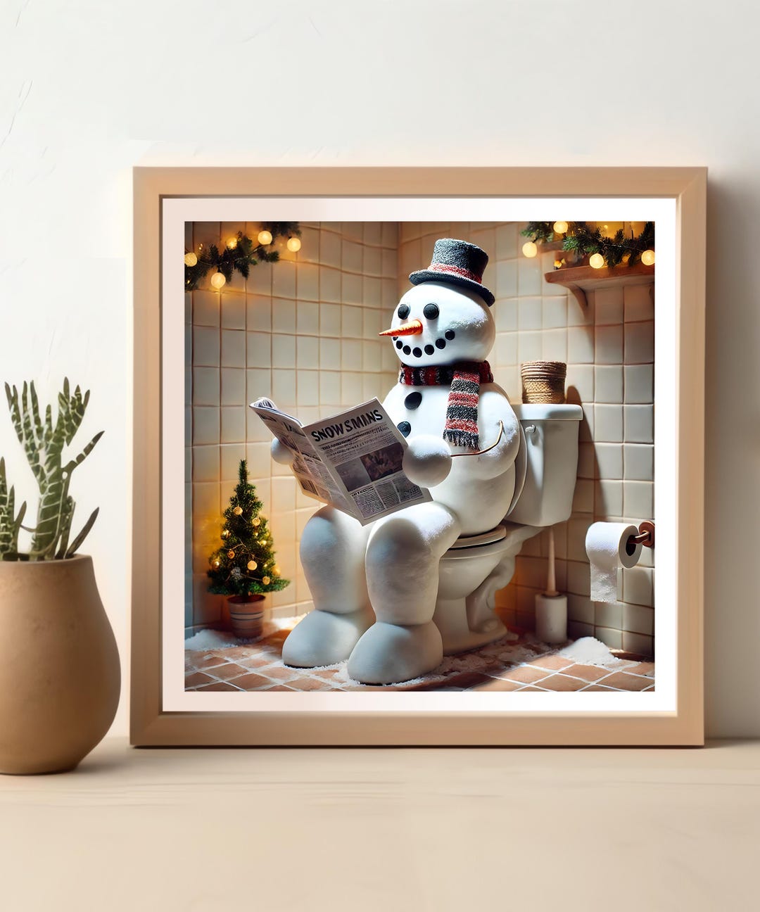 Snowman Reading Newspaper in Toilet, Funny Snowman Bathroom Poster ...
