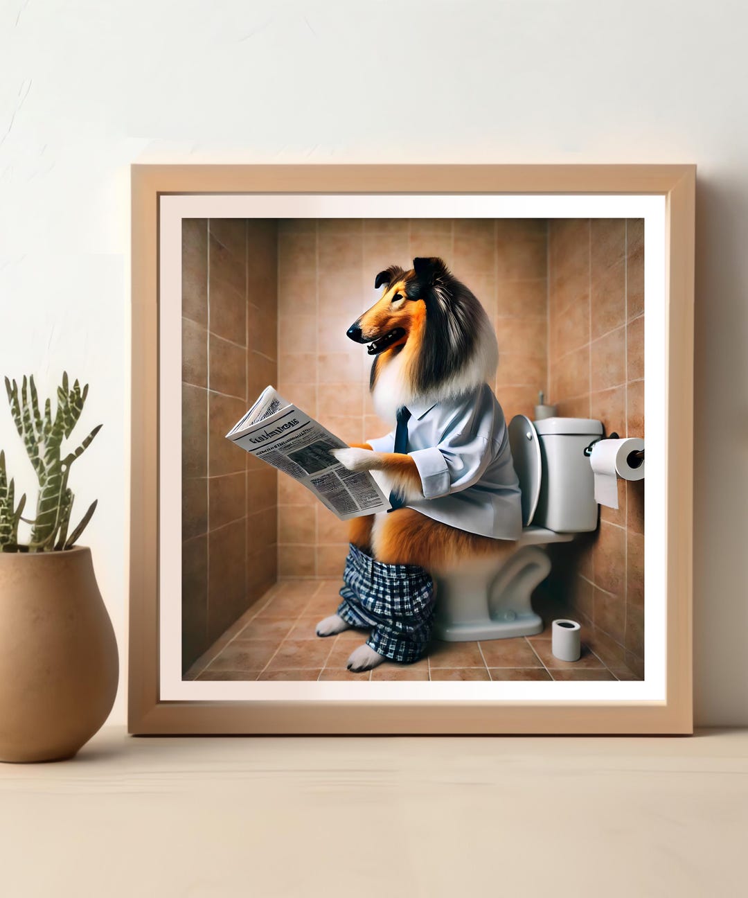 Collie Dog Reading Newspaper in Toilet, Funny Lassie Bathroom Poster ...