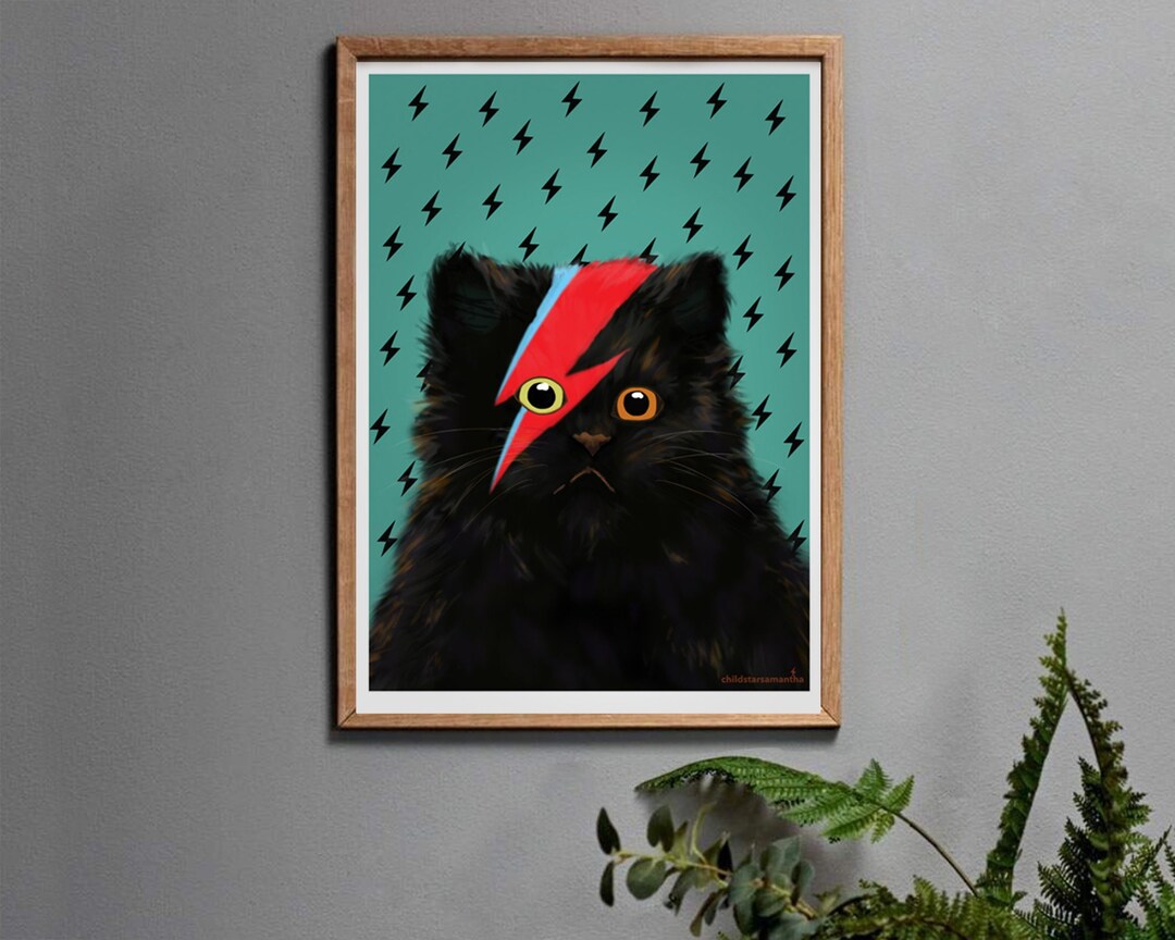 Black Cat Art Print, David Meowie Cat Art Work Gift for Men or Women in ...