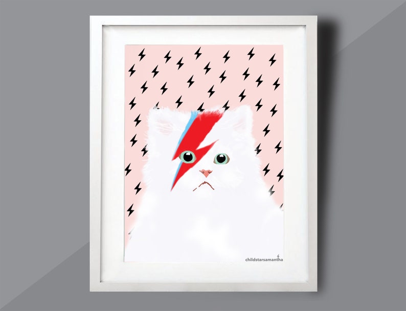 Boho Art Print of David Meowie Cat with Black Bolts Cat Mom | Etsy