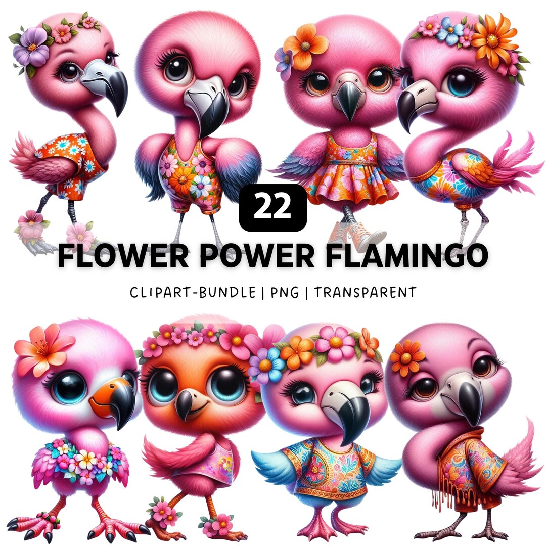 22 Flower Power Flamingo PNG, Kawaii Clipart Bundle for Designs ...