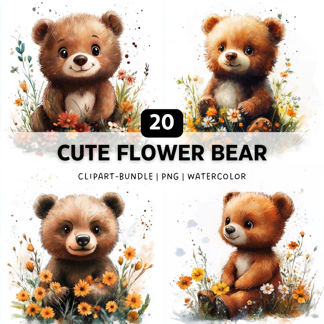 20 Cute Flower Bear PNG, Bear Clipart, Animal Clipart, Watercolor ...
