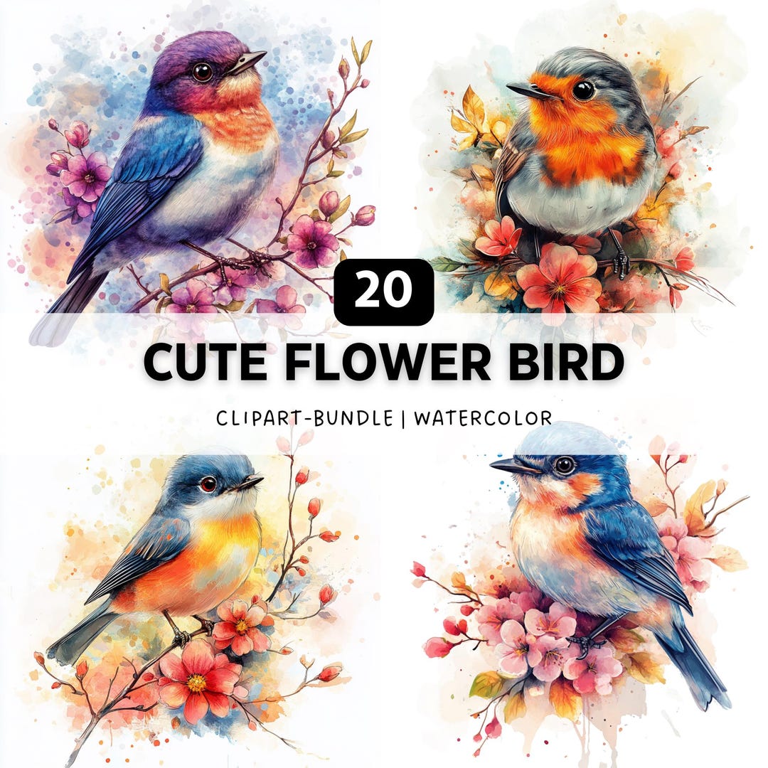 20 Cute Flower Bird PNG, Bird Clipart, Animal Clipart, Watercolor ...