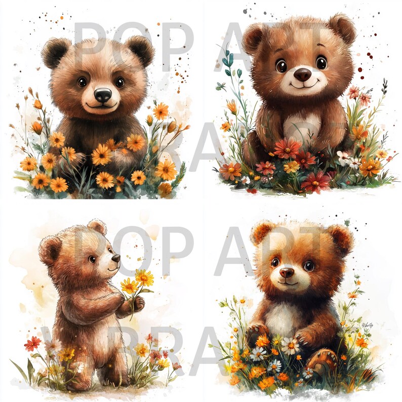 20 Cute Flower Bear PNG, Bear Clipart, Animal Clipart, Watercolor ...