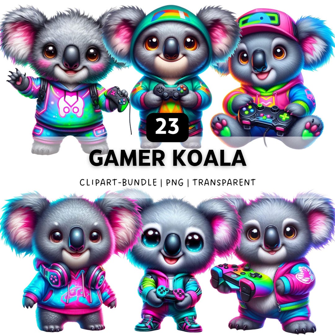 23 Gamer Koala PNG, Kawaii Animal Bundle, Funny Whimsical Clipart for ...