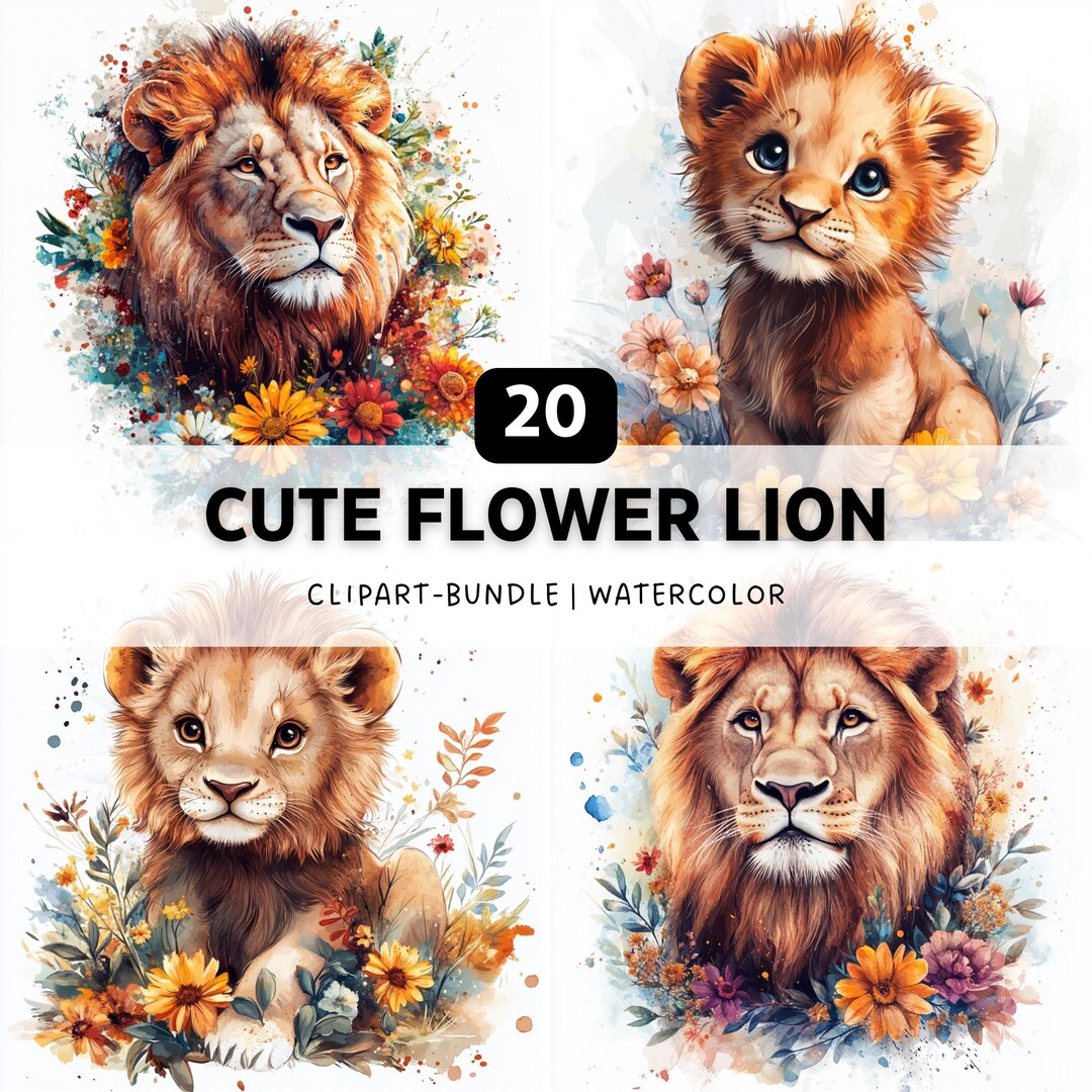 20 Cute Flower Lion PNG, Wildlife Clipart Bundle, Watercolor Animal for ...
