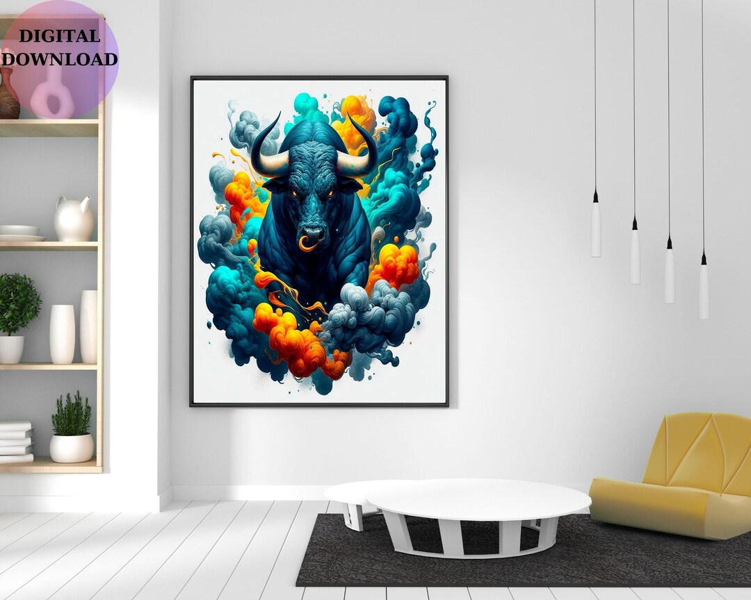 Colorful Smoke Bull Wall Art, Wallpaper, Vibrant Bull Print, Abstract ...