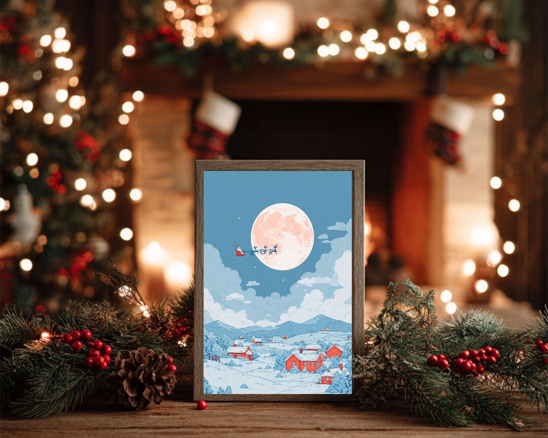 Christmas Village Moonlit Santa Sleigh Art Print, Vintage Holiday Wall ...