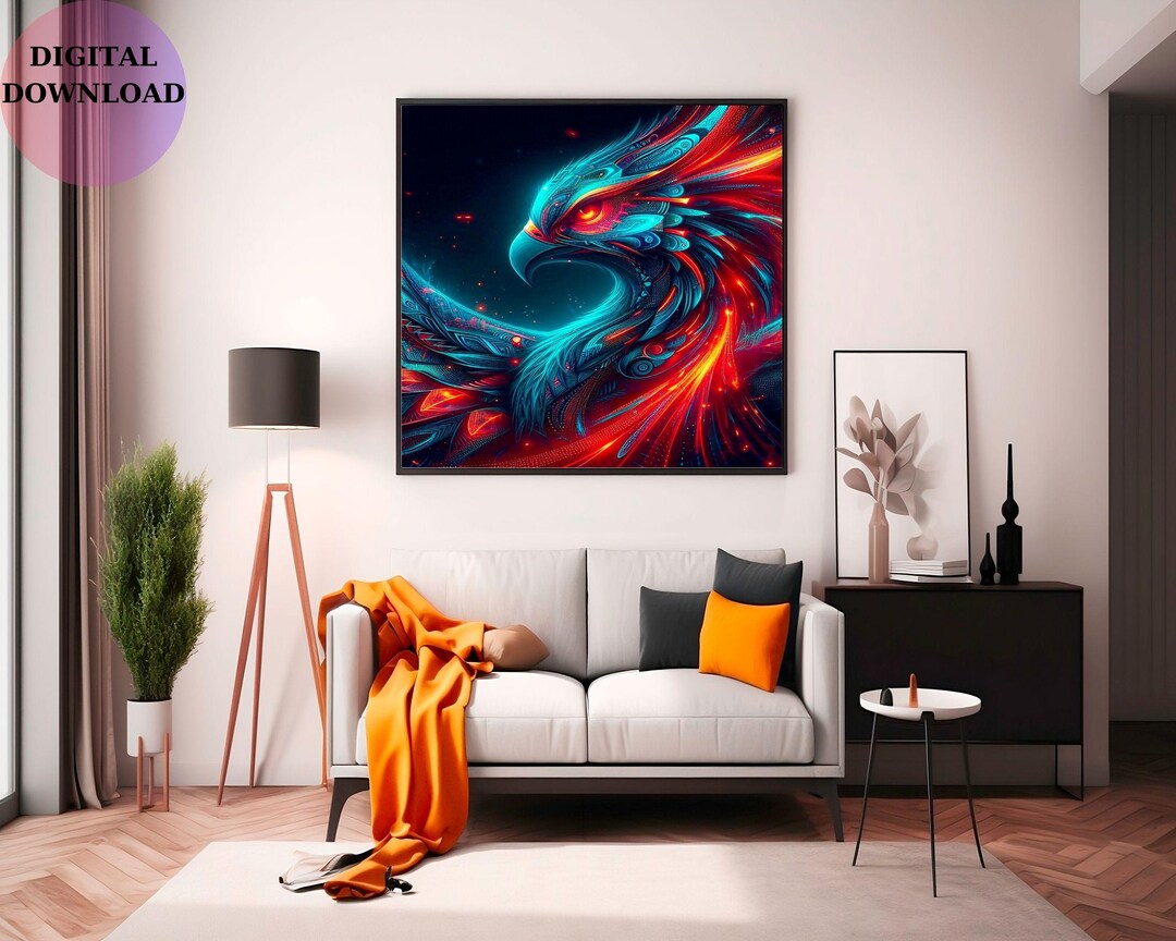 Neon Phoenix Wall Art, Cyberpunk Neon Phoenix Print, Glowing Phoenix ...