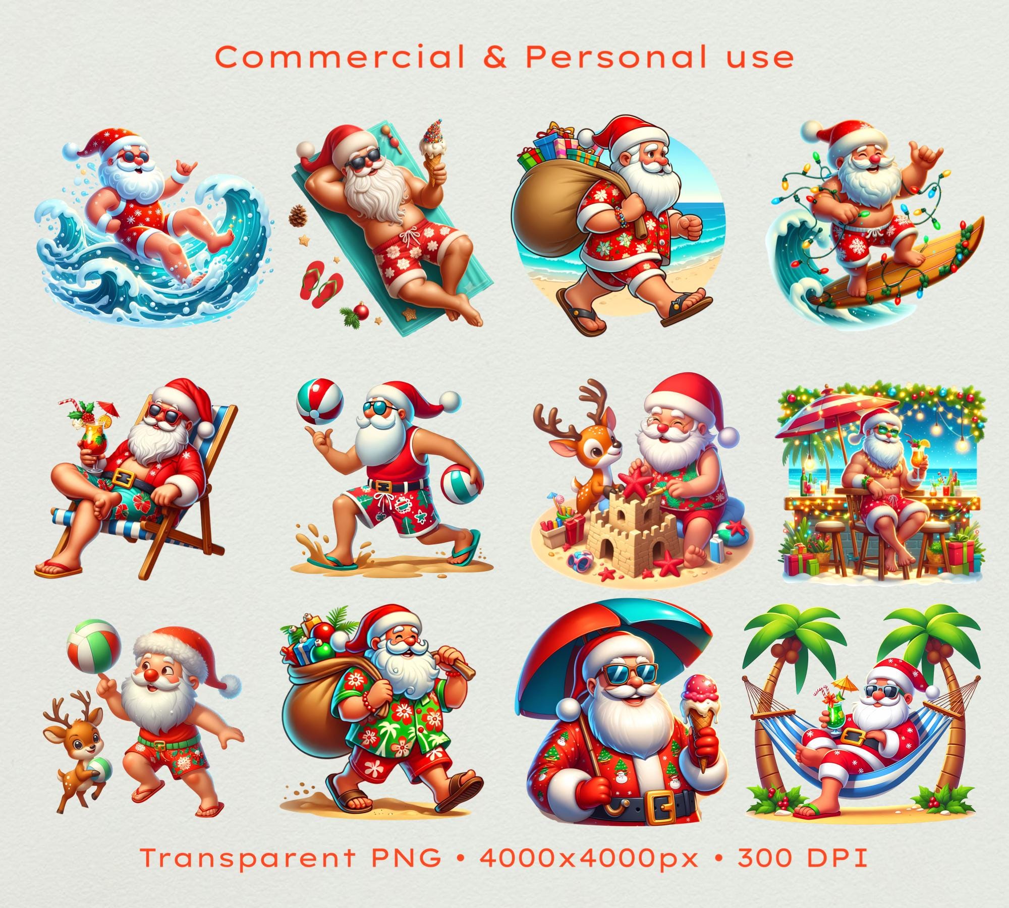 Santa on Vacation Clipart, 12 PNG, Festive Images, Winter Holidays ...