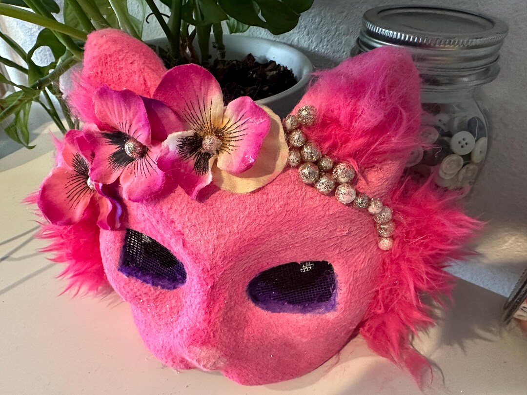 Pink Glitter Kitty Animal Mask - Therian Gear Furry Mask for Wearing ...
