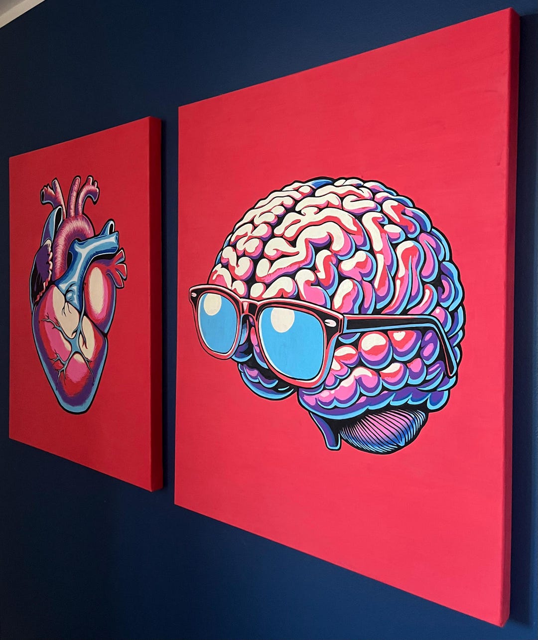 Brain With Smart Glasses & Anatomic Heart Duo. Pop-art Work. Vivid ...